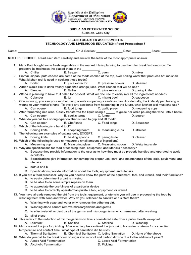 2nd Quarter Assessment in TLE 7 | PDF | Fermentation | Pickling