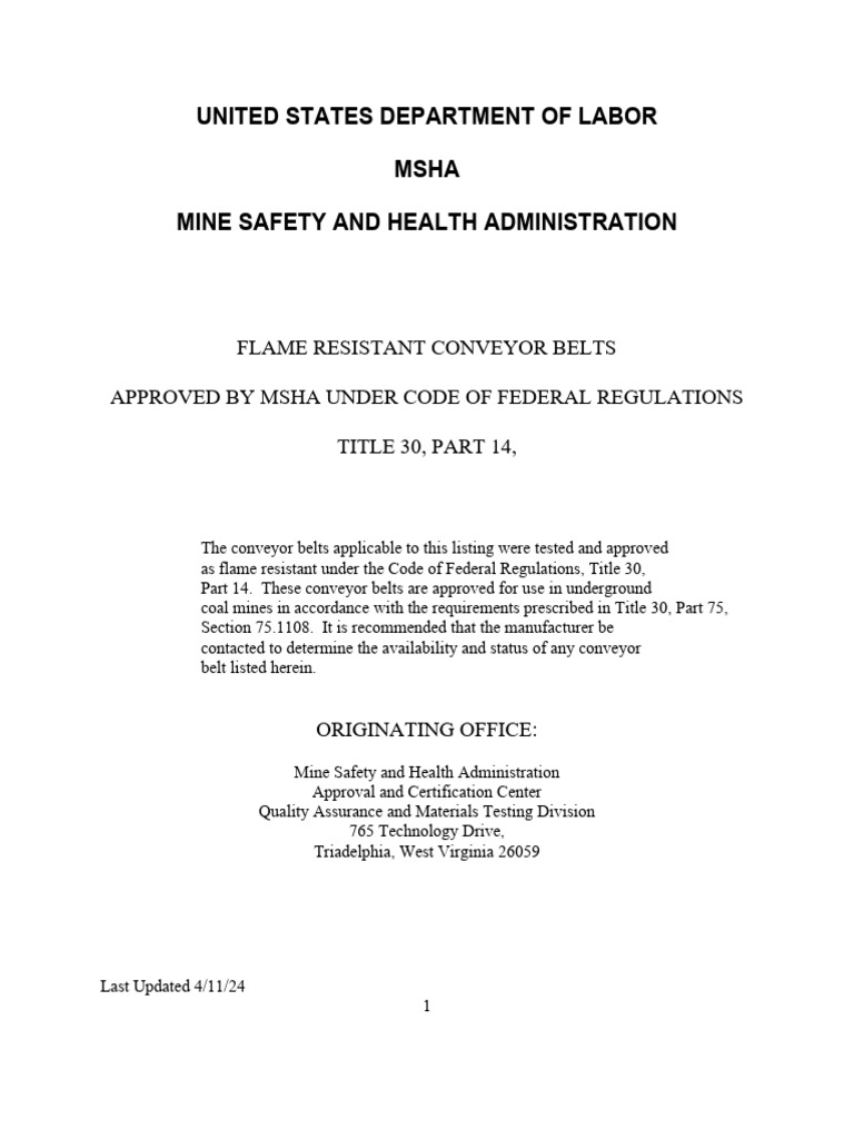 Flame Resistant Conveyor Belts Approved by MSHA Title 30 CFR Part 14 ...