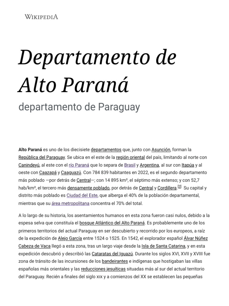 Departamento de Alto Paraná -Wikipedia, laenciclopedia libre | PDF