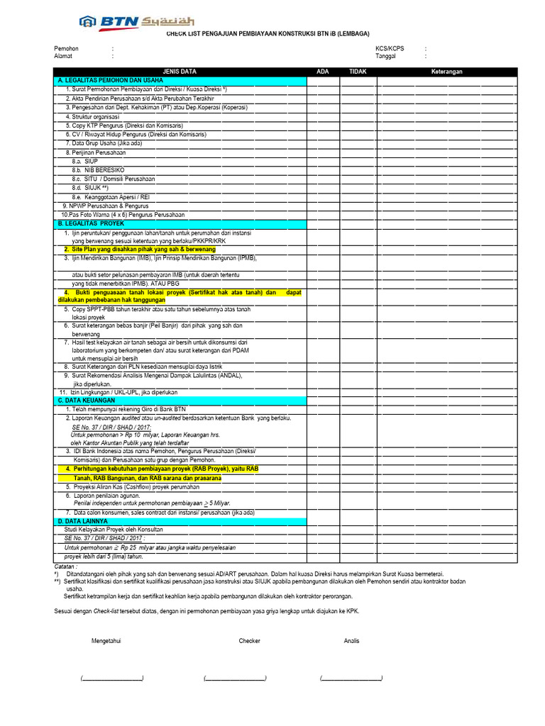 Checklist Pembiayaan Konstruksi | PDF | Pengelolaan Keuangan & Uang