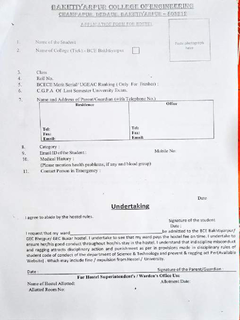 Hostel Form and Fee Details | PDF