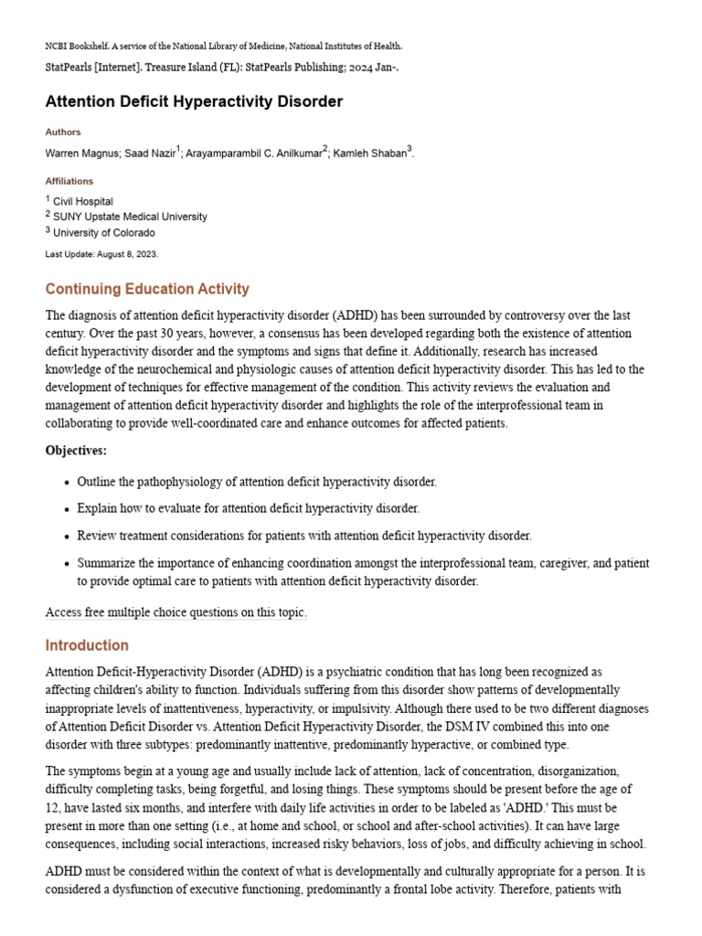 Attention Deficit Hyperactivity Disorder - StatPearls - NCBI Bookshelf ...