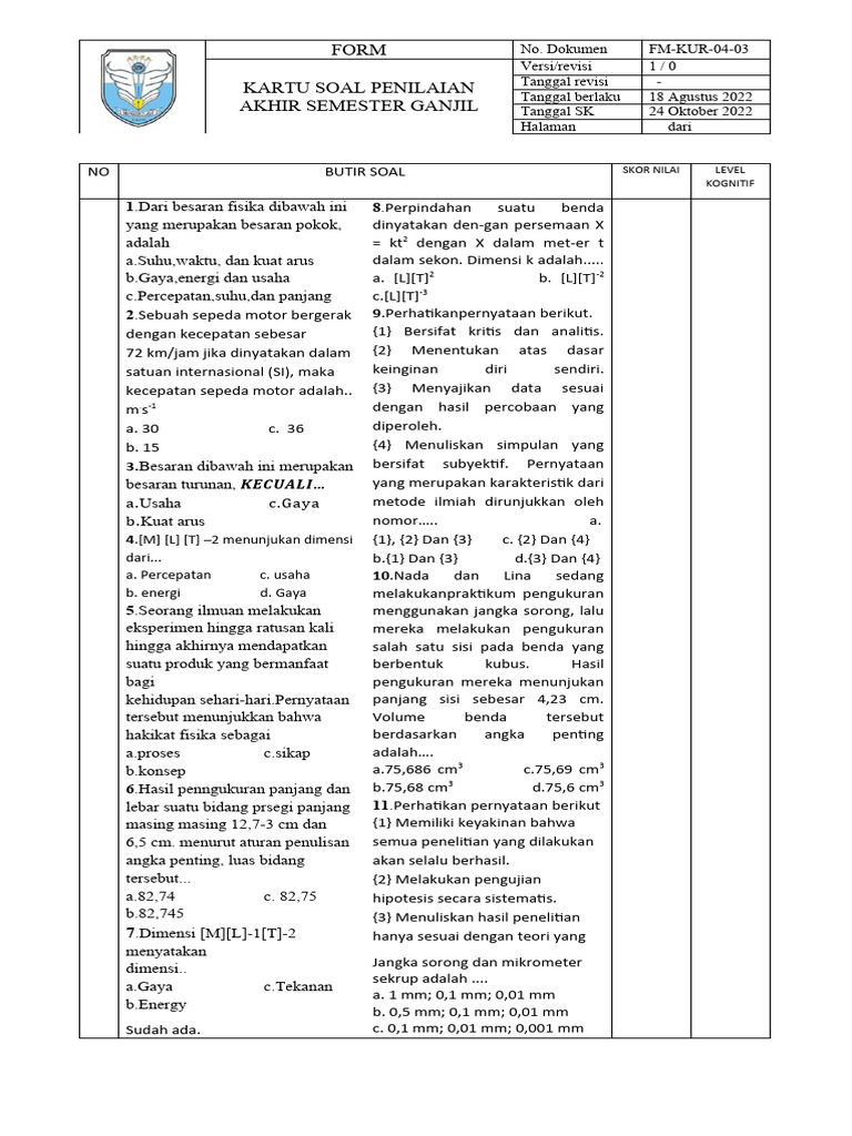 FM Kur 04 03 Kartu Soal - 2022 Print Done | PDF