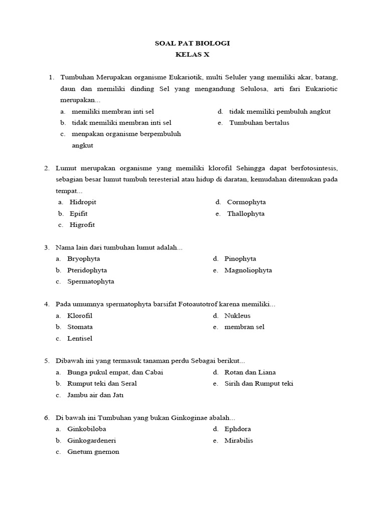 Soal Pat Biologi Kelas X 2024 | PDF
