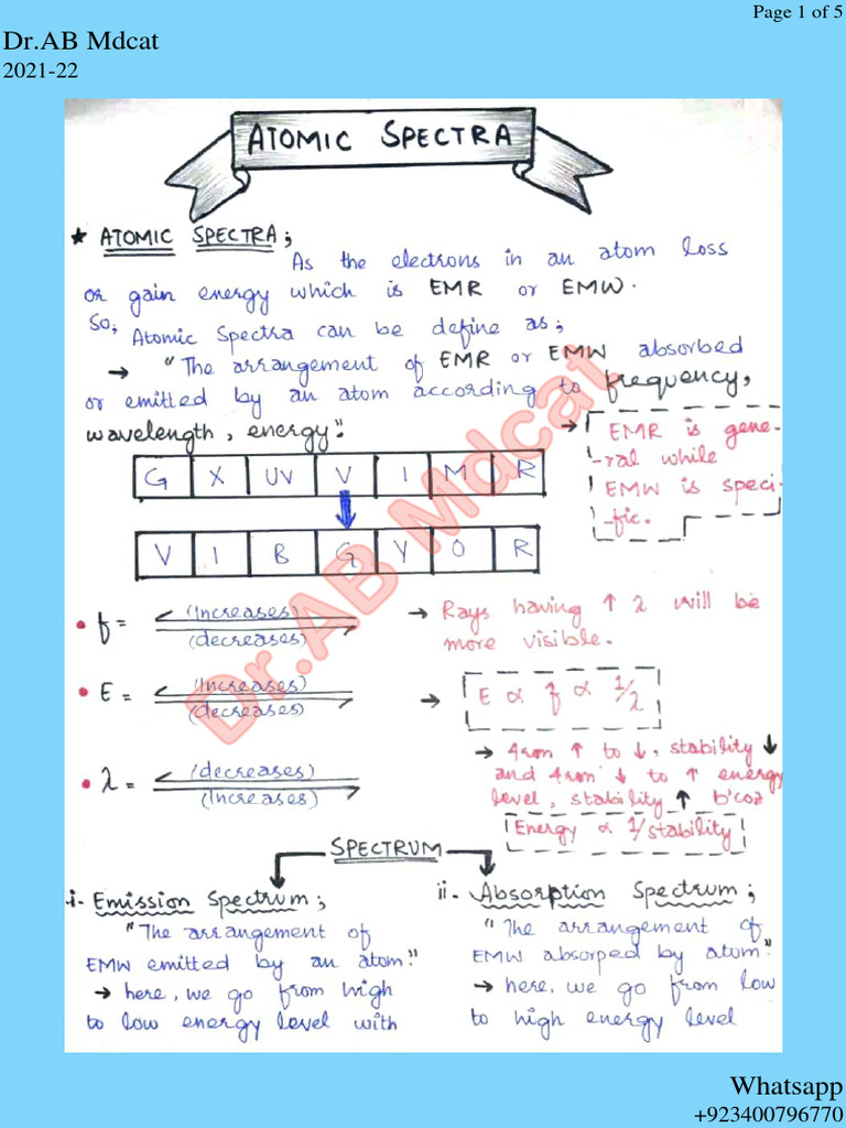 Atomic Spectra Short Notes (DR AB Mdcat) | PDF