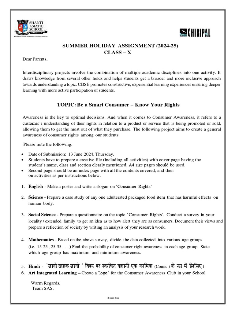 Summer Holiday Assignment (2024-25) Class - X: Please Note The ...