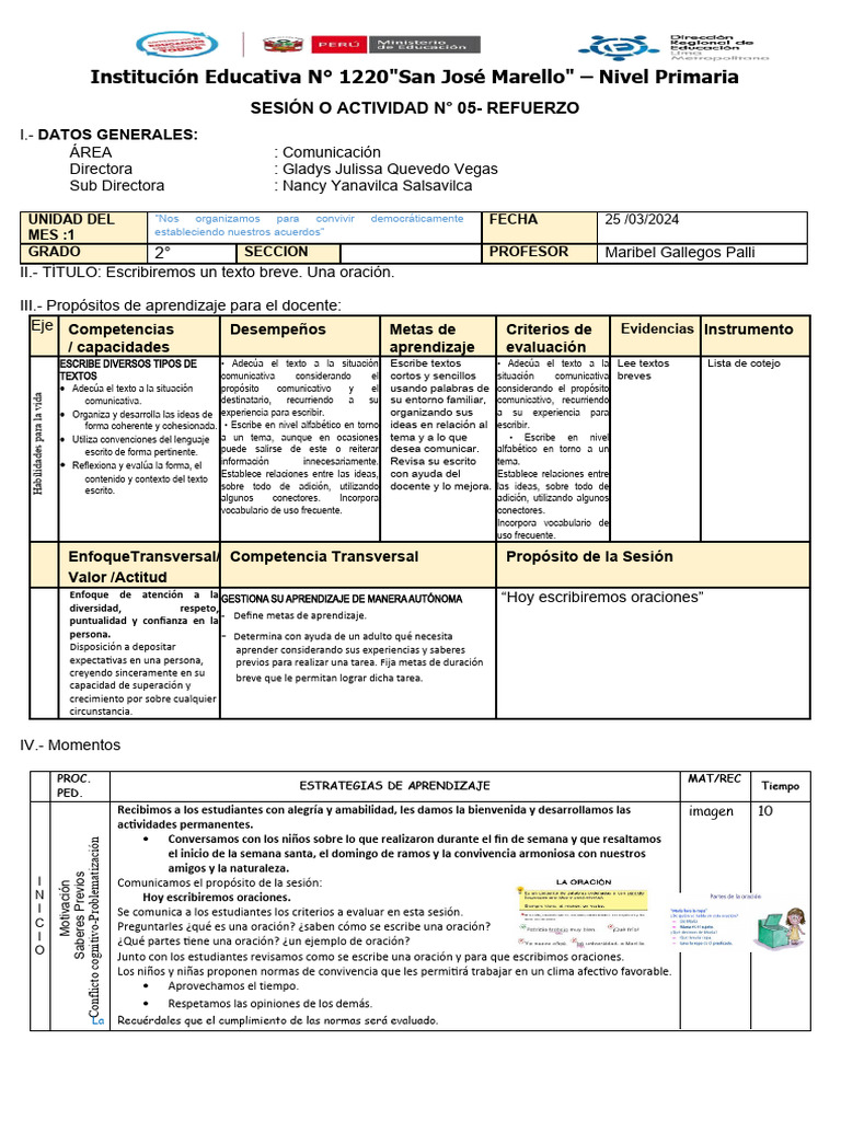 Sesión 05 Escribimos Oraciones. | PDF | Aprendizaje | Cognición