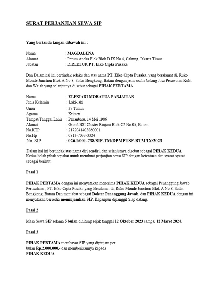 Surat Perjanjian Sewa SIP Dokter 5 Bulan Dr. Elfriadi Moratua Panjaitan ...