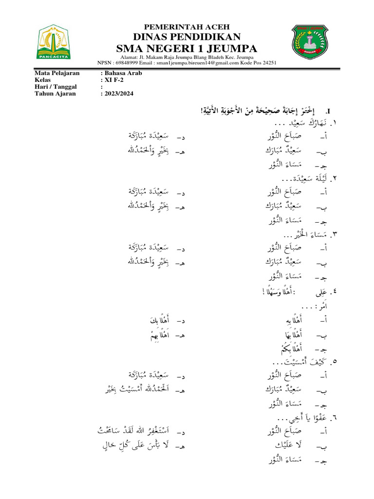 SOAL UJIAN BAHASA ARAB KLS XI SEM 2 Tahun 2024 | PDF