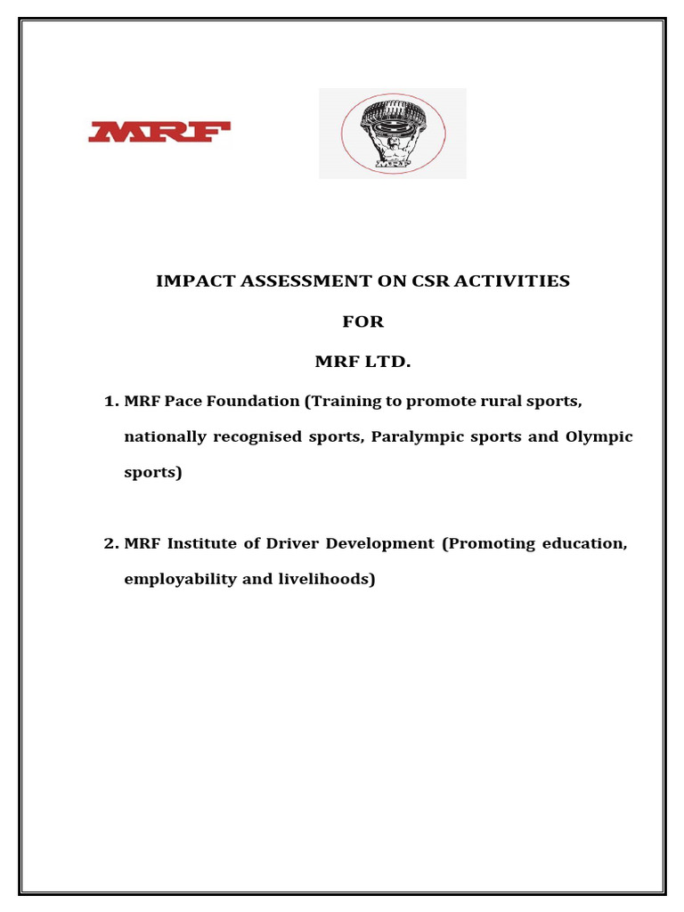 CSR Impact Assessment for MRF Ltd. | PDF | Corporate Social ...