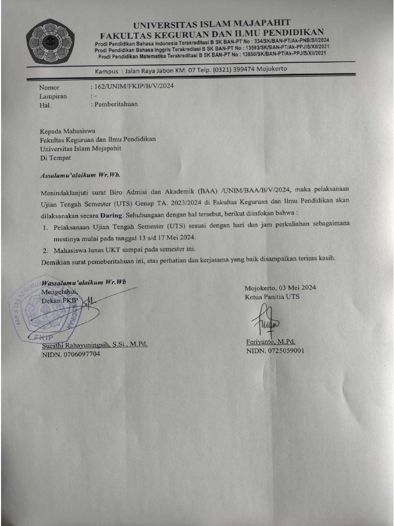 Surat Pemberitahuan UTS Untuk Mahasiswa | PDF