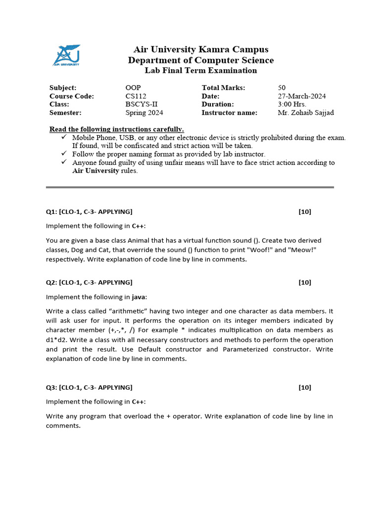 Oop Final Lab Exam Pdf C Constructor Object Oriented Programming