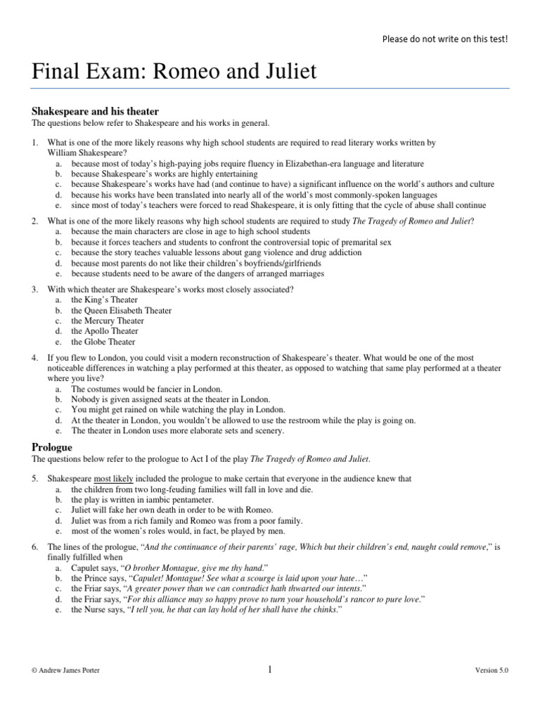 Romeo and Juliet Final Exam | PDF | Characters In Romeo And Juliet ...