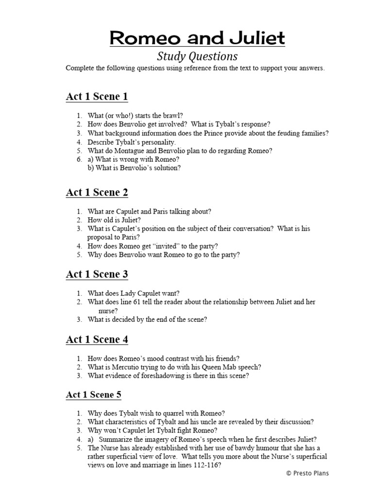 Romeo and Juliet Study Questions Guide | PDF | Characters In Romeo And ...