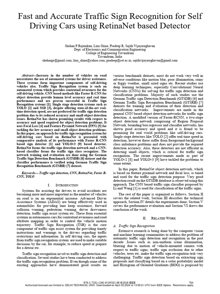 Fast And Accurate Traffic Sign Recognition For Self Driving Cars Using Retinanet Based Detector