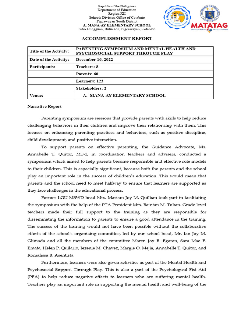 Accomplishment-Report Parenting and Pfa | PDF | Parenting | Mental Health