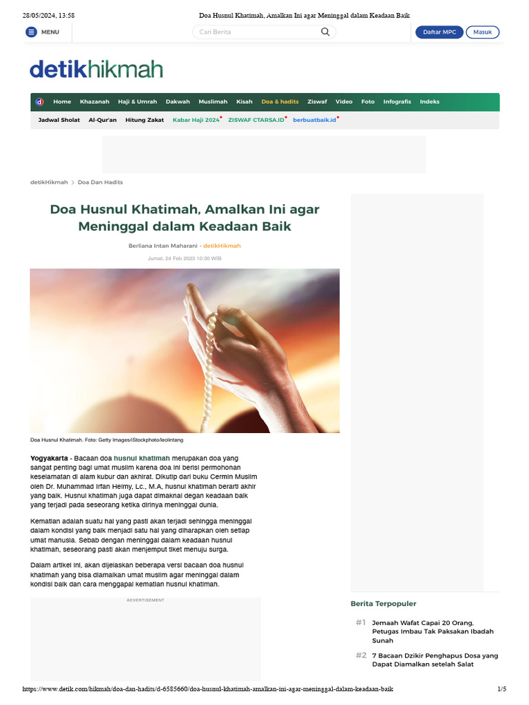 Doa Husnul Khatimah, Amalkan Ini Agar Meninggal Dalam Keadaan Baik | PDF