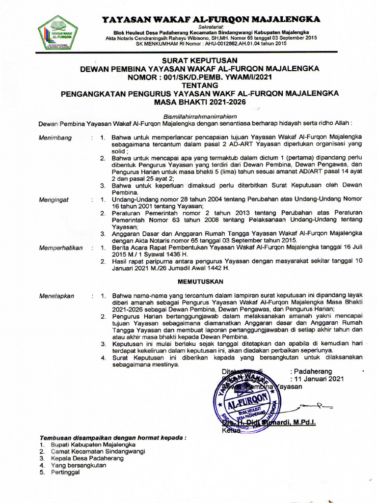 Sk Pengurus Yayasan Periode 2021-2026 (Perubahan) | PDF