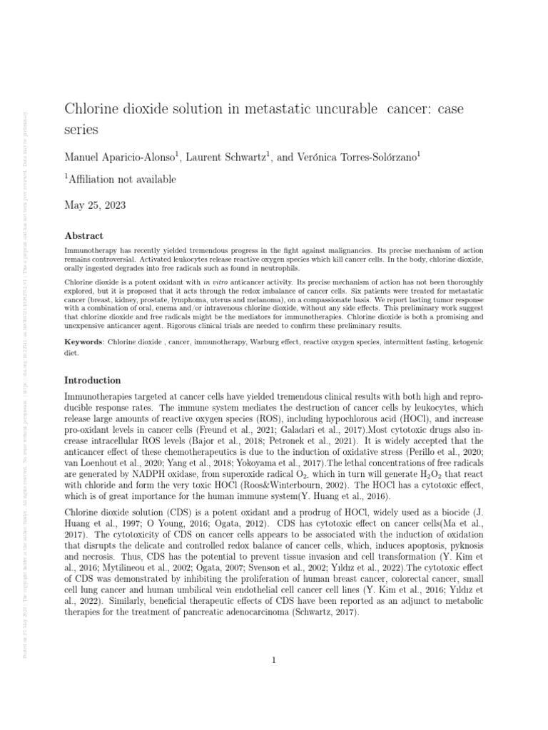 Chlorine Dioxide Solution In Metastatic Uncurable Cancer Case Series 25may2023 Pdf Cancer