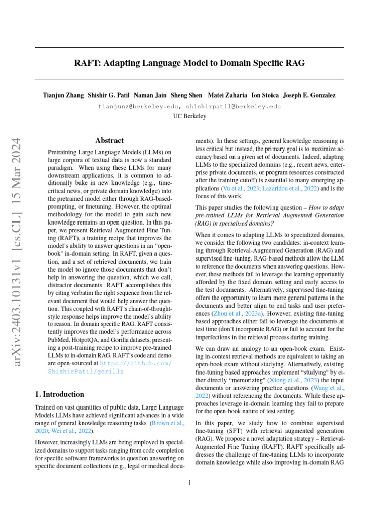 RAFT: Adapting Language Model To Domain Specific RAG: Vu Et Al. 2023 Lazaridou Et Al. 2022 | PDF ...