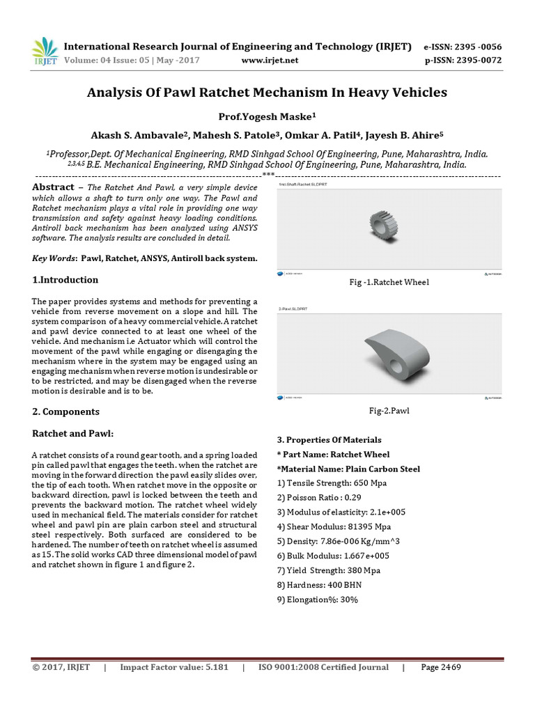 Pawl Ratchet Mechanism Analysis for Vehicles | PDF | Strength Of ...