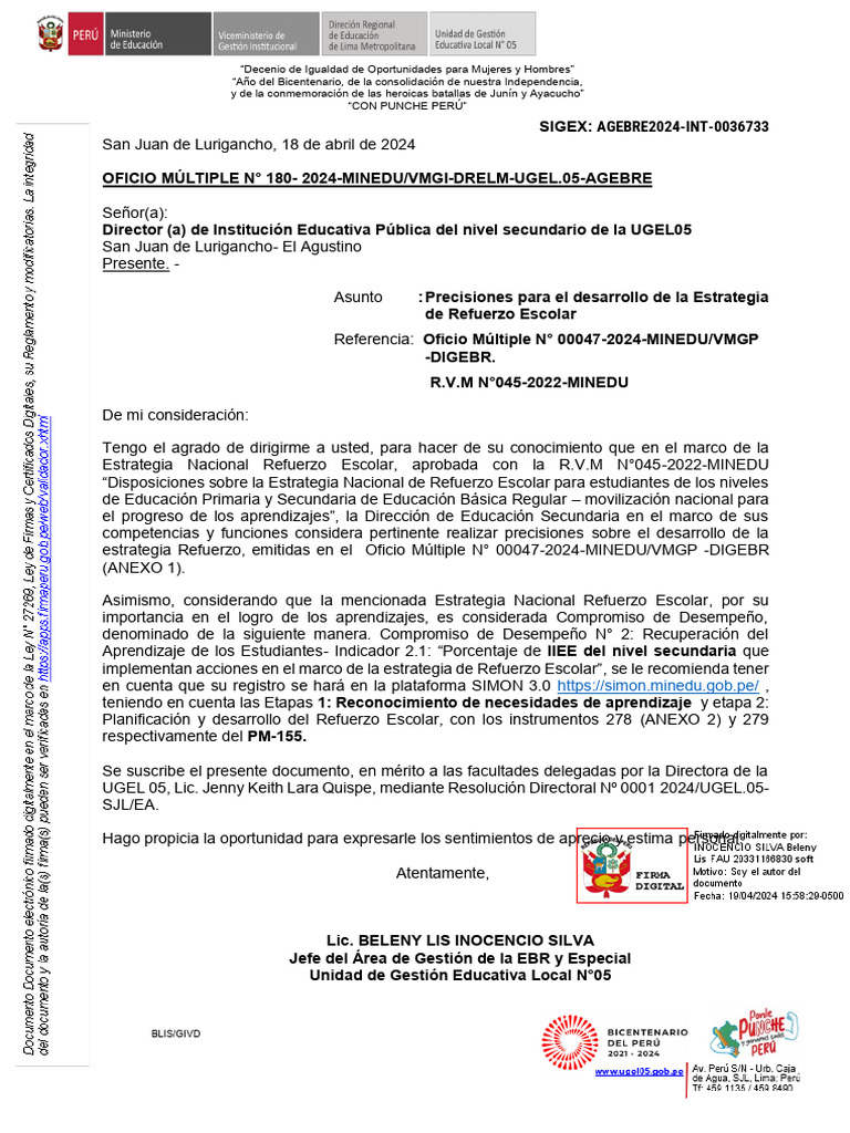 Oficio Múltiple #180-2024-Agebre-Refuerzo Escolar - 18 de Abril - Presiciones (R) | PDF ...