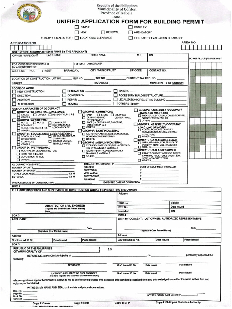 Unified Application Form For Building Permit | PDF
