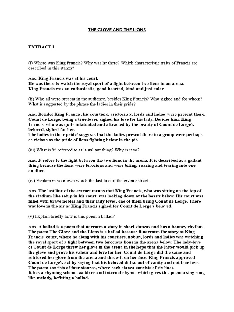 The Glove and the Lions: Analysis and Q&A | PDF | Poetry
