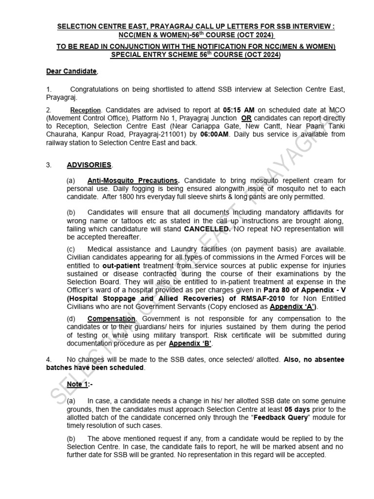 Call Up Letter Sce Prayagraj For SSC NCC Men 56 Course | PDF | Identity ...