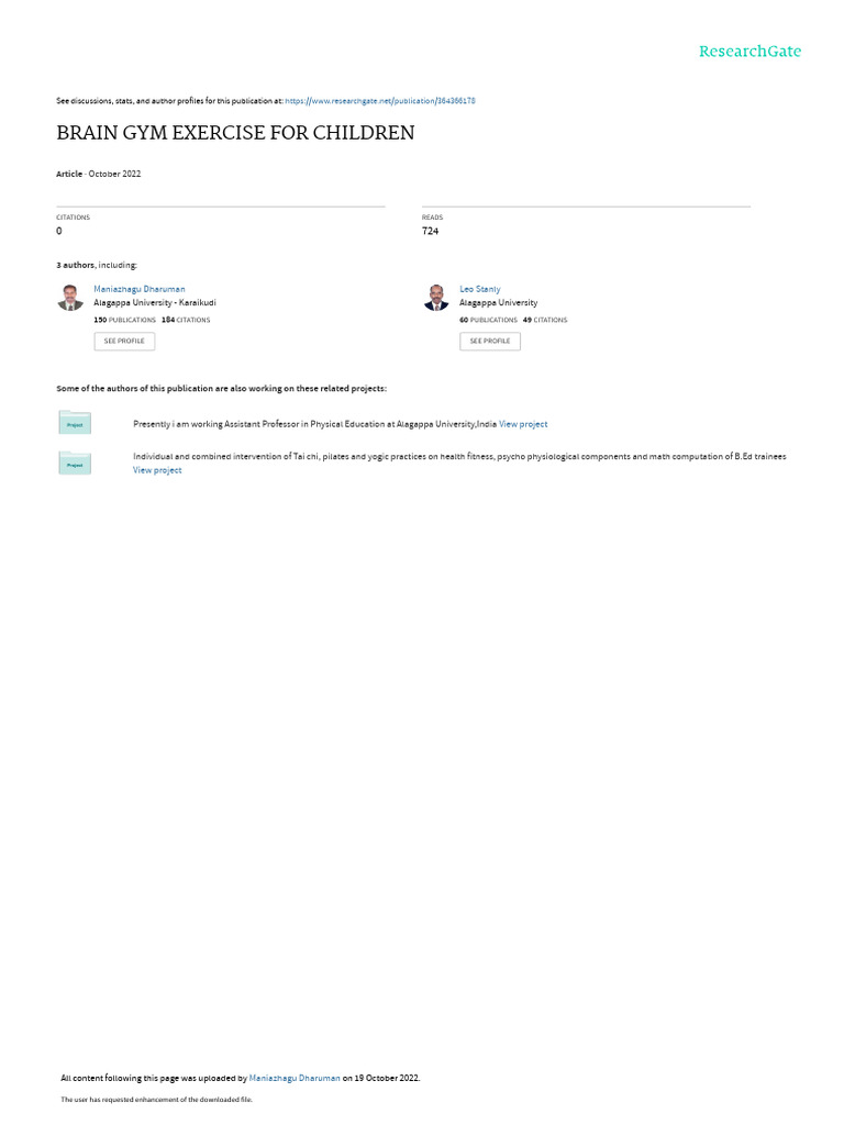 Brain Gym Exercise For Children: Article | PDF | Brain | Memory