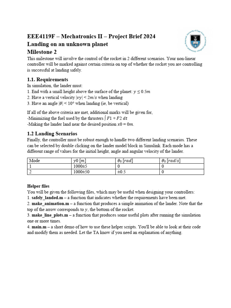 EEE4119F Project Brief - M2 | PDF | Physical Sciences | Classical Mechanics