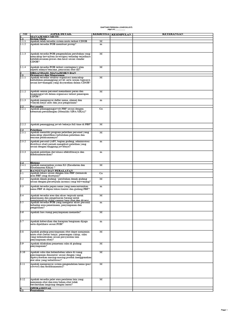 Checklist Sertifikasi PBF | PDF