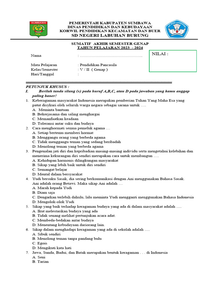 Soal Dan Kunci Jawaban Sas PKN Kelas 5 Semester Genap Acc | PDF