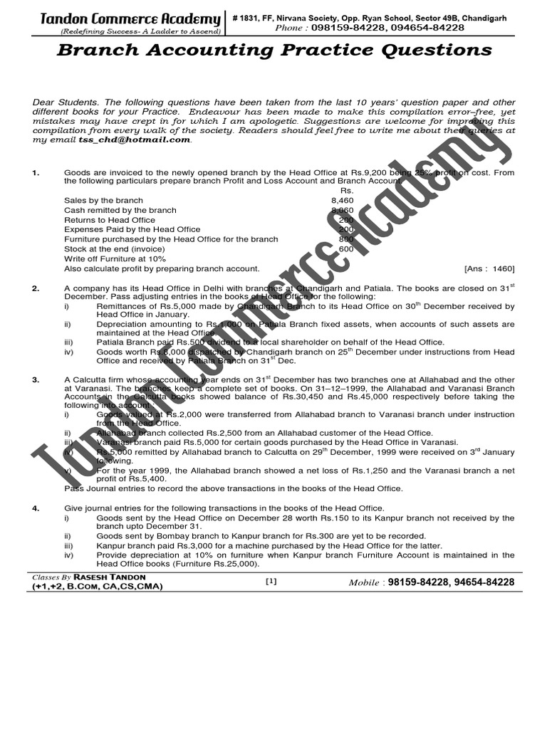 Branch Accounting Practice Questions | PDF | Debits And Credits | Economies