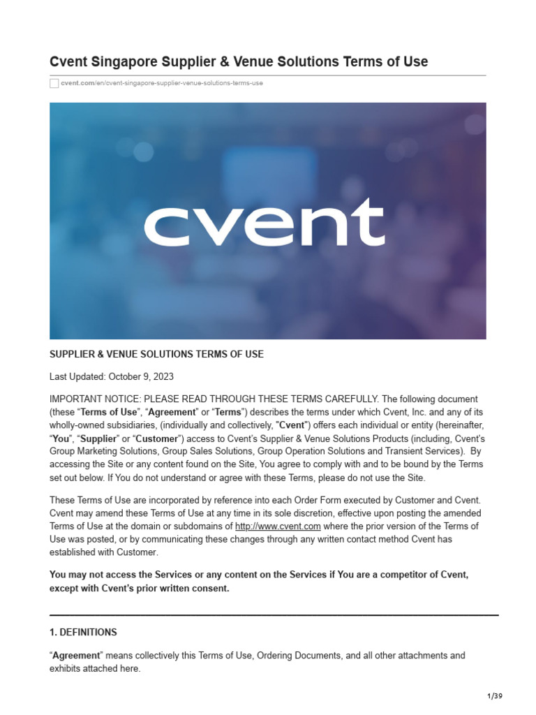 Cvent Singapore Supplier & Venue Solutions Terms of Use 20240326 | PDF ...