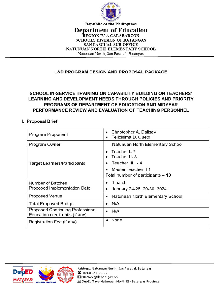 INSET Training Proposal for Teachers 2024 | PDF | Learning | Teachers