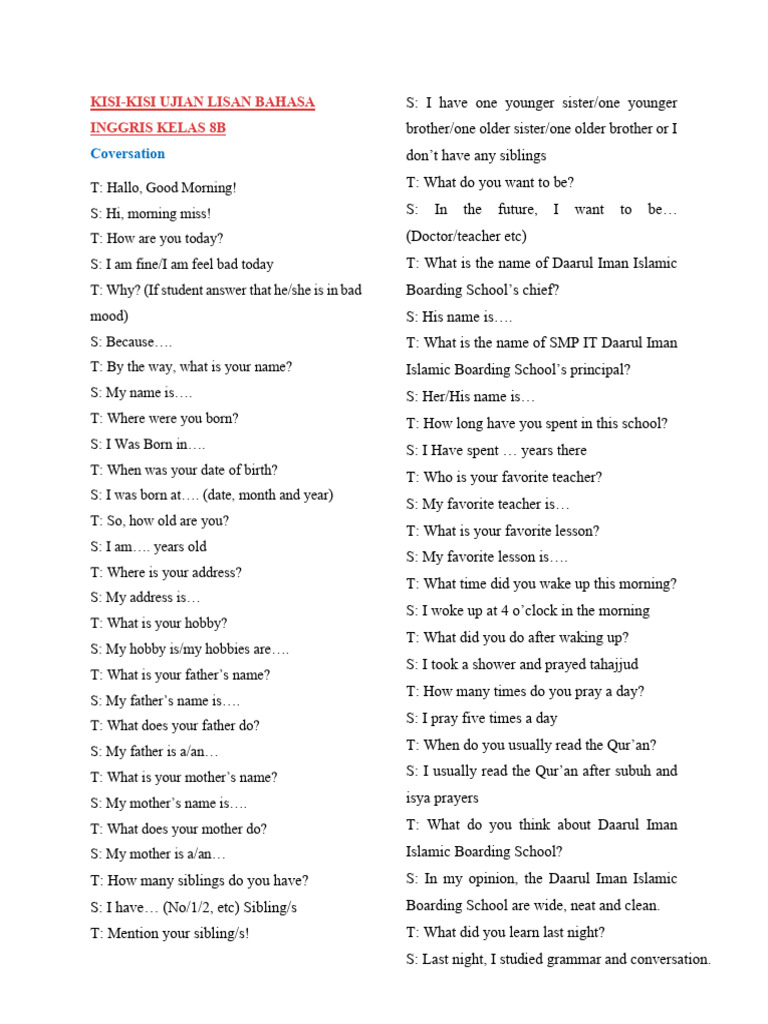 Kisi-Kisi Ujian Lisan Bingg Kelas 2b | PDF | Language Mechanics | Languages