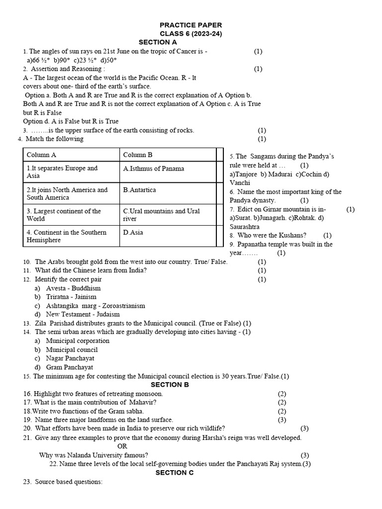 Class 6 Social Science Question Paper 2024 | PDF | Earth Sciences