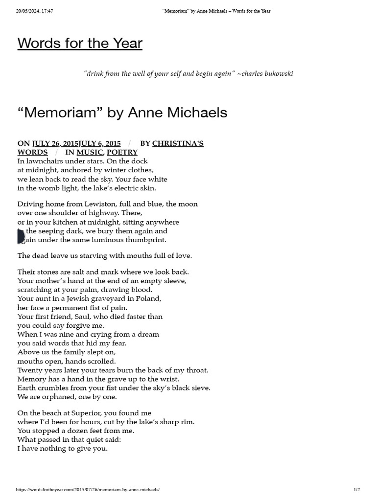 "Memoriam" by Anne Michaels - Words For The Year | PDF