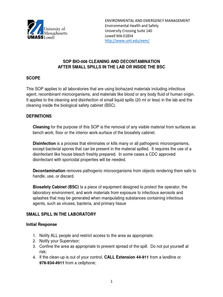 SOP On Cleaning Small Spills in BSC | PDF | Safety