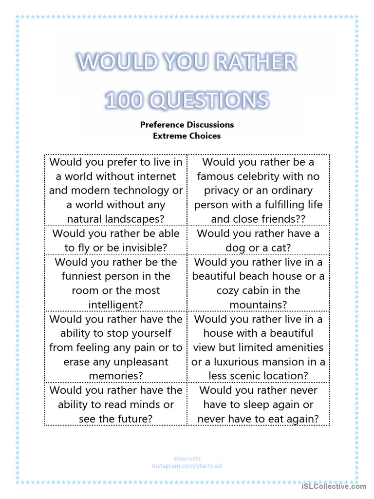 100 - Would You Rather - Questions (Speaking Cards) | PDF | Self ...