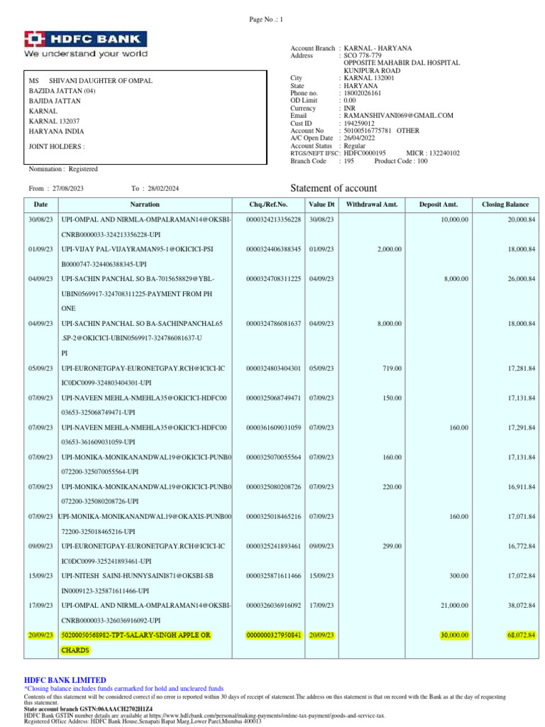 HDFC Salary Account Statement Summary | PDF | Money | Financial Services
