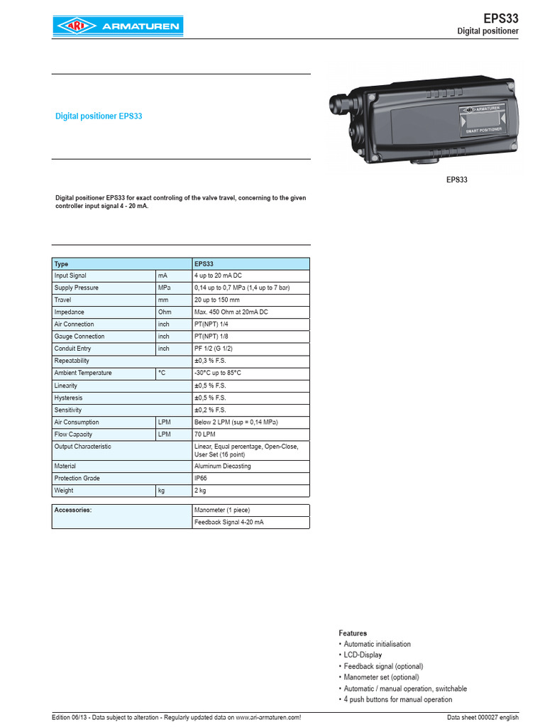 EPS33 Digital Positioner Data Sheet | PDF | Pressure Measurement | Feedback