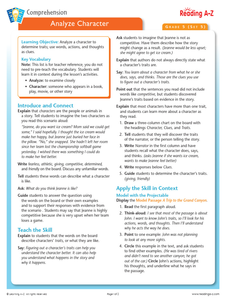 CP gr5 Analyze Char Teacher Lesson Plan | PDF | Reading Comprehension