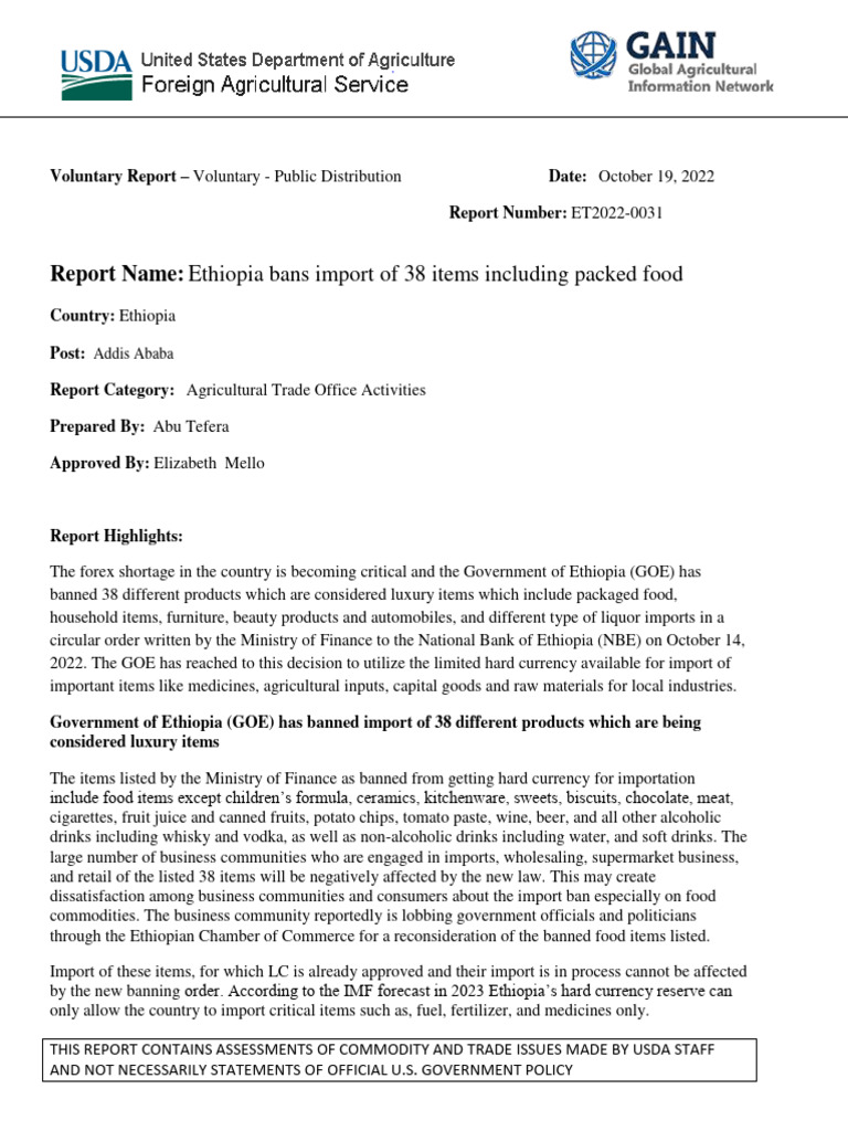 Ethiopia Bans Import of 38 Items Including Packed Food - Addis Ababa ...