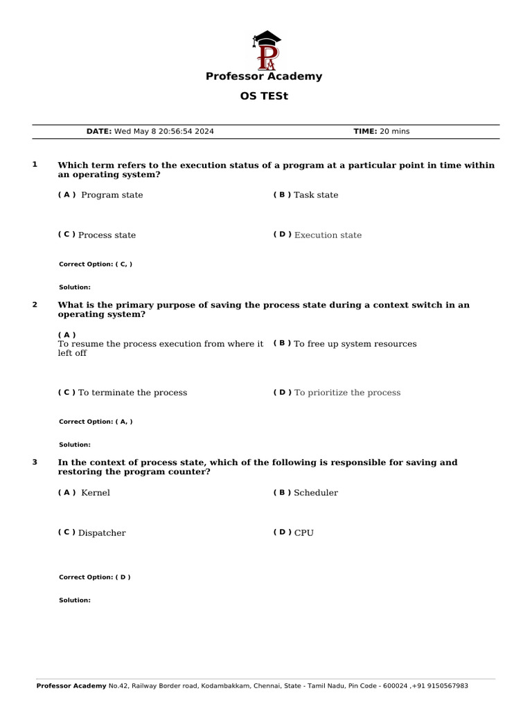 OS TESt - 1 | PDF | Process (Computing) | Scheduling (Computing)