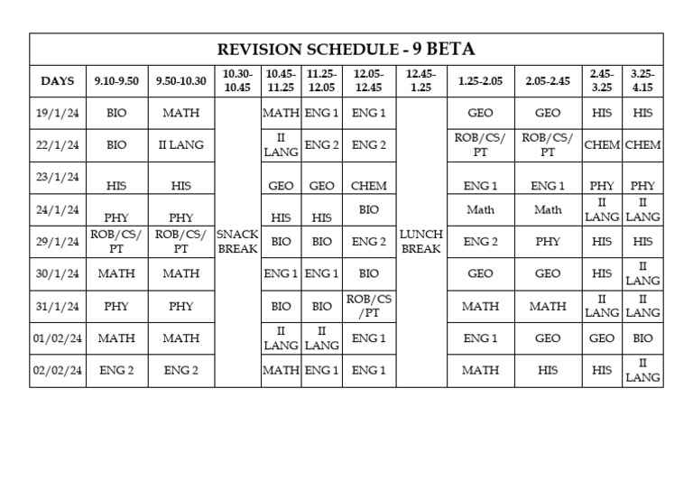 REVISIONSCHEDULE-Grade9B 20240118173852 | PDF
