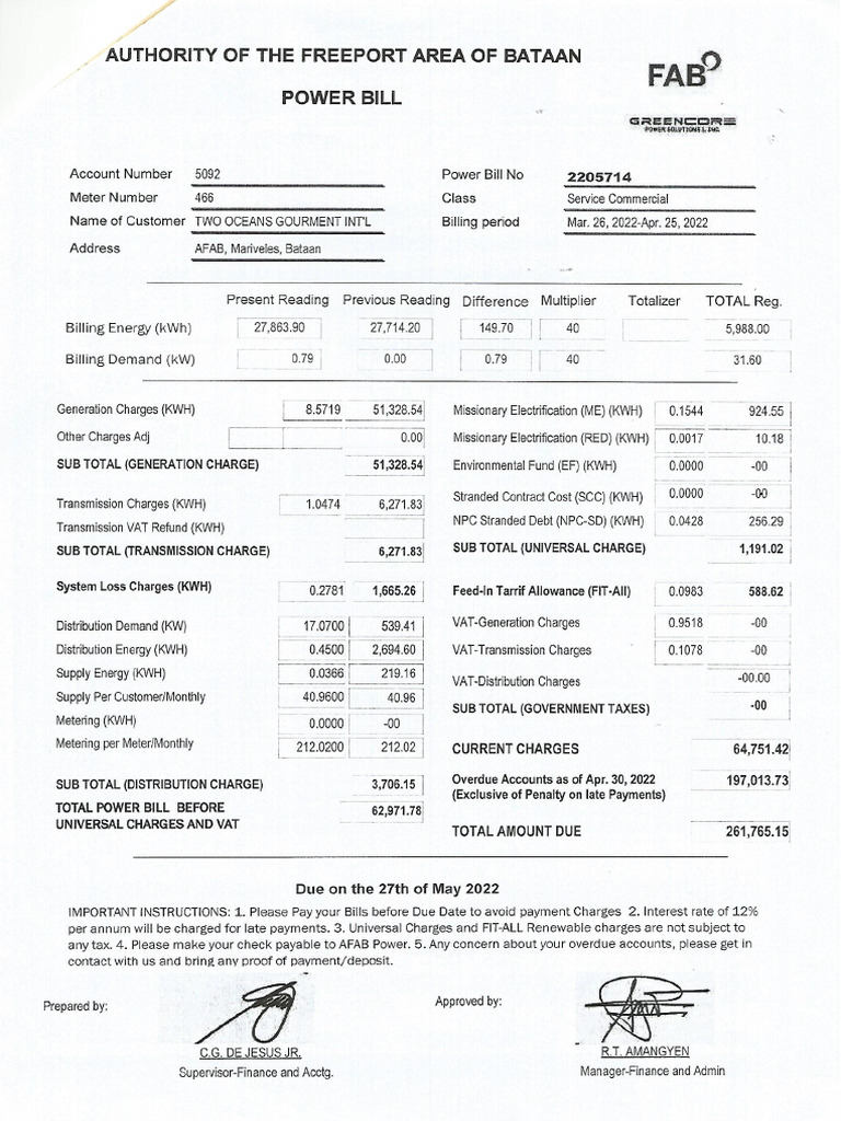 Two Oceans - Power Bill April 2022 | PDF