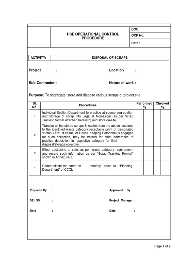 HSE Operational Control Procedure For Disposal of Scraps | PDF | Scrap