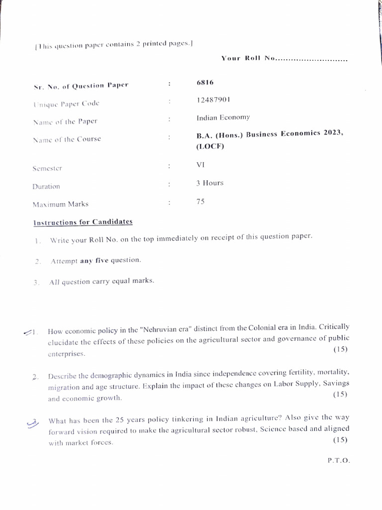 DSE Indian Eco - CBCS 2023 Paper 1 | PDF | Economies | Economics